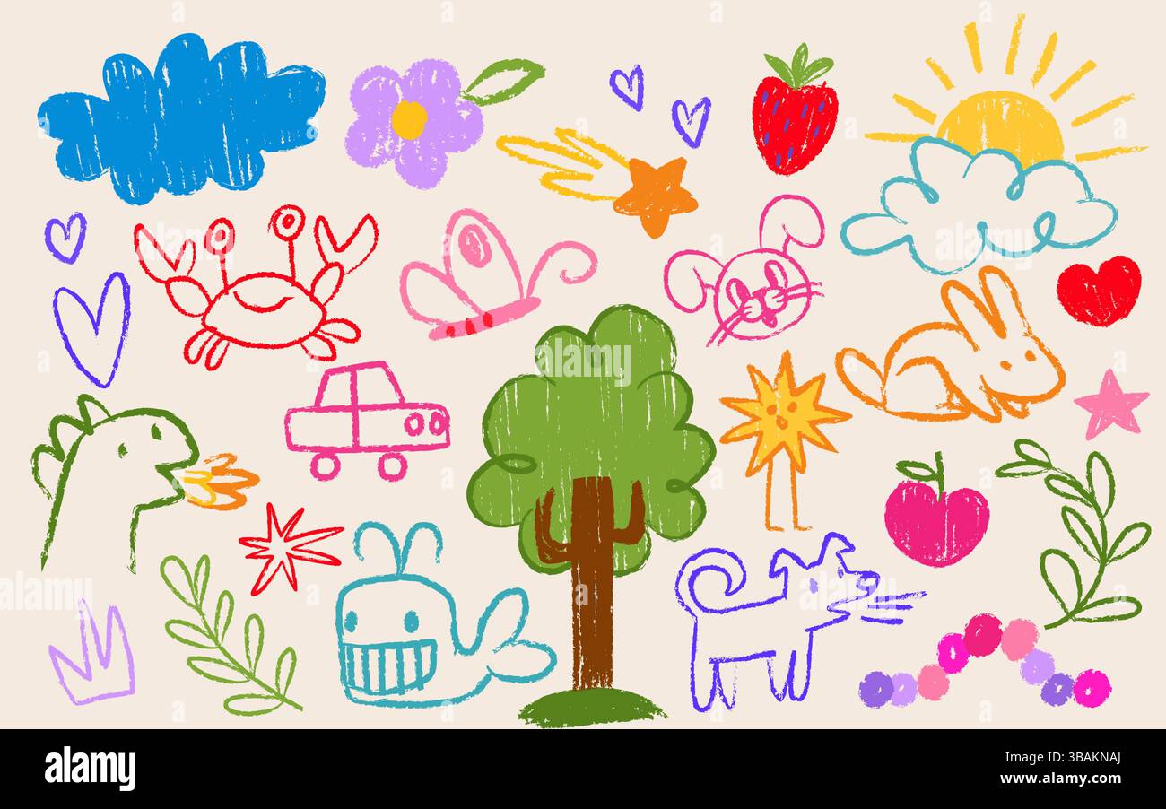 Crayon kid drawings - colorful childlike doodles of clouds and hearts ...
