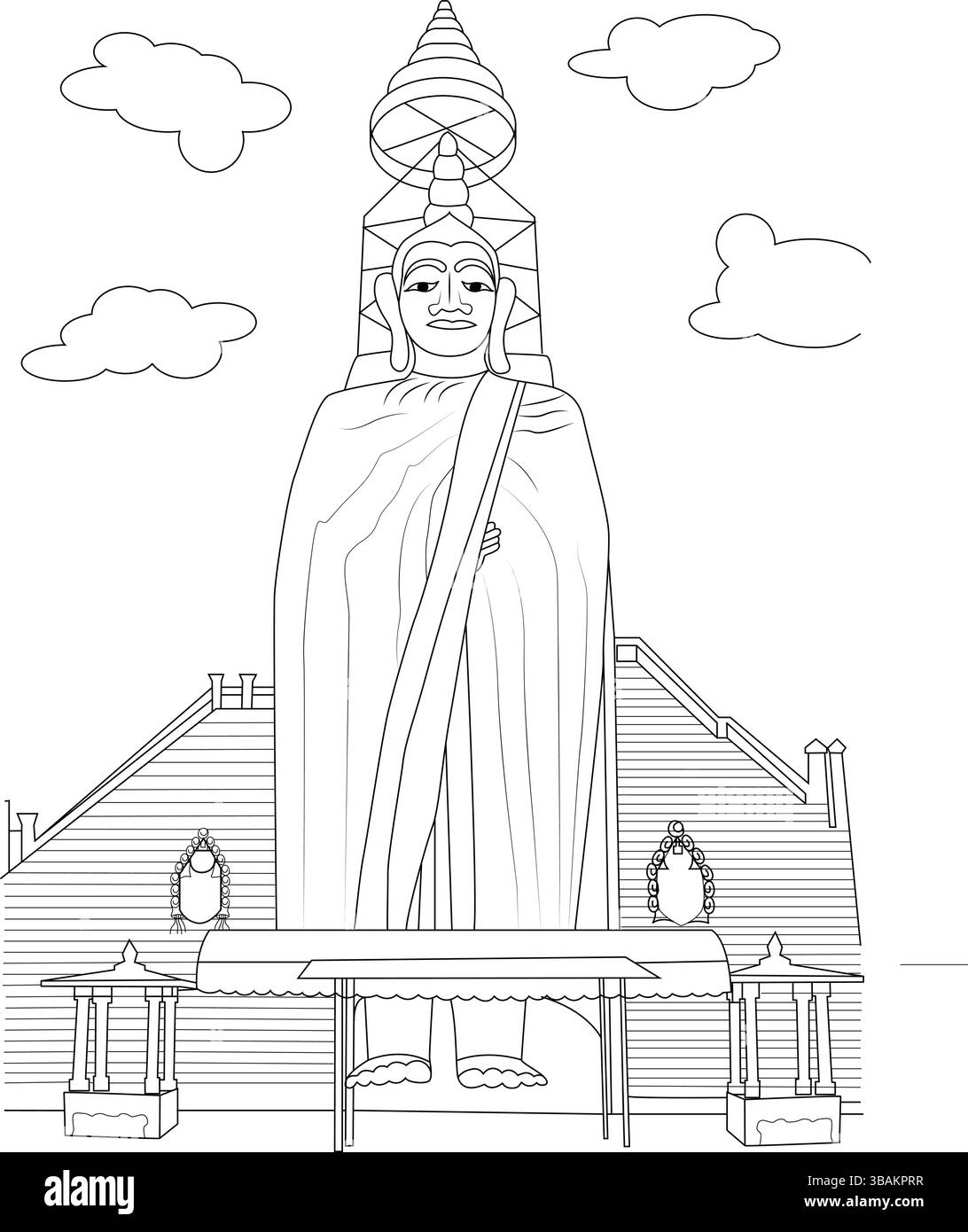 A line drawing illustration depicting the iconic giant standing Buddha ...