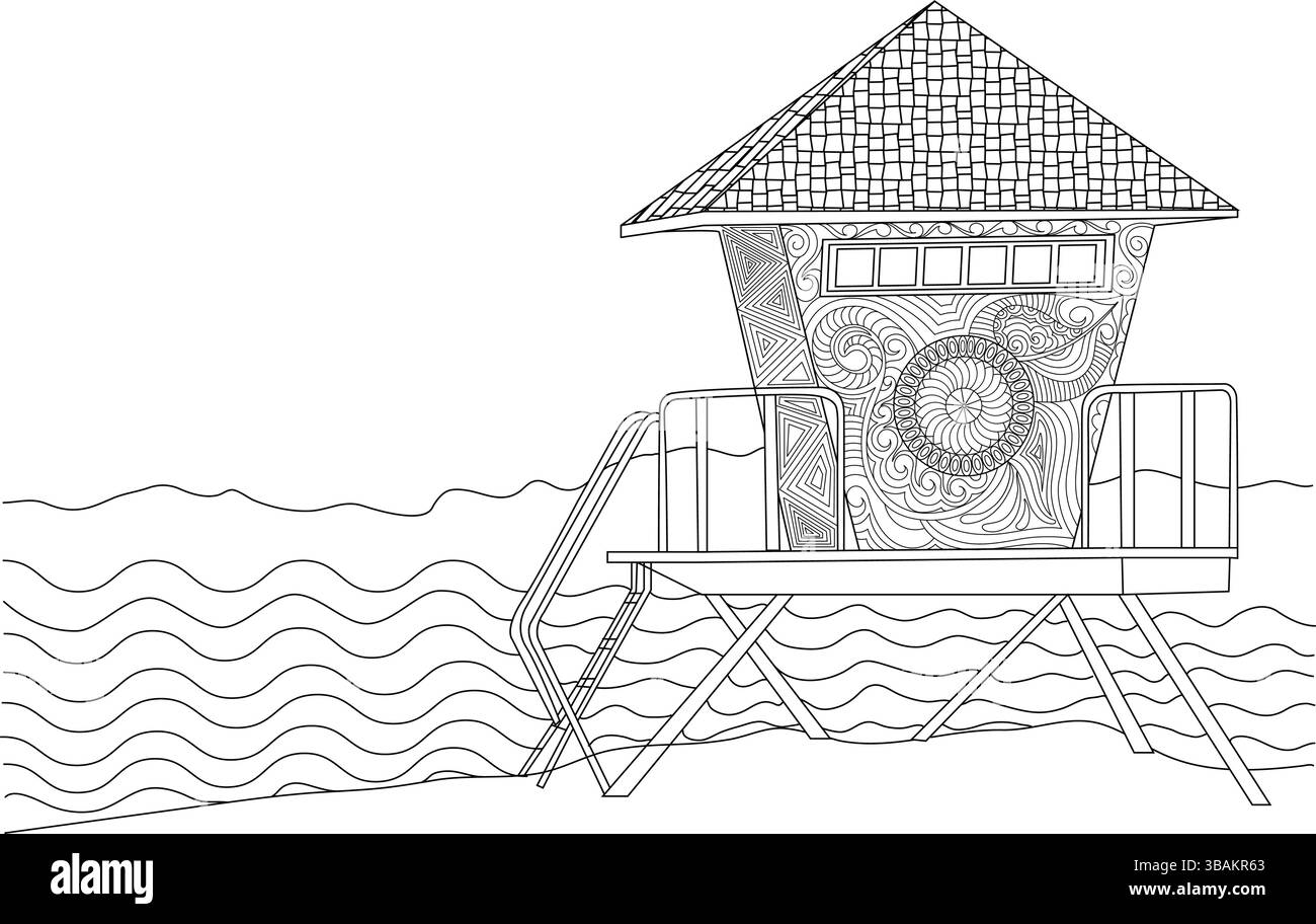 Line art illustration of a beach house or lifeguard tower in intricate ...