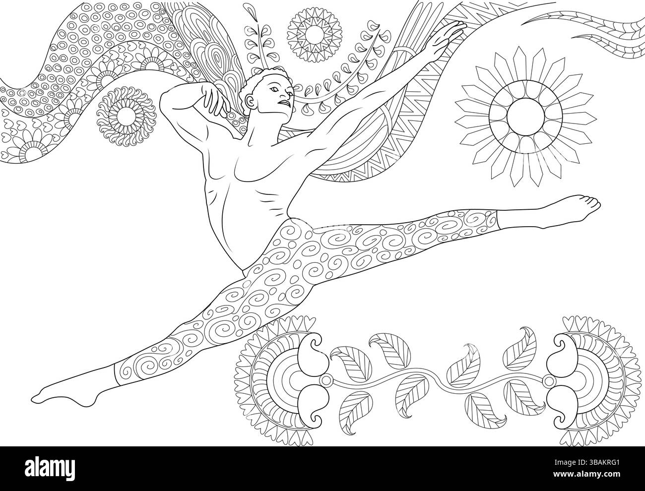 Detailed black and white line art illustration of a male dancer ...