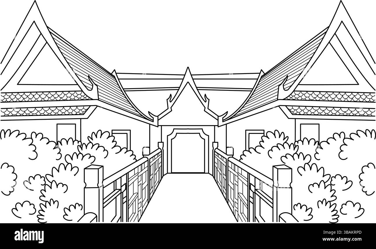 Black and white line drawing illustration of the entrance or ...