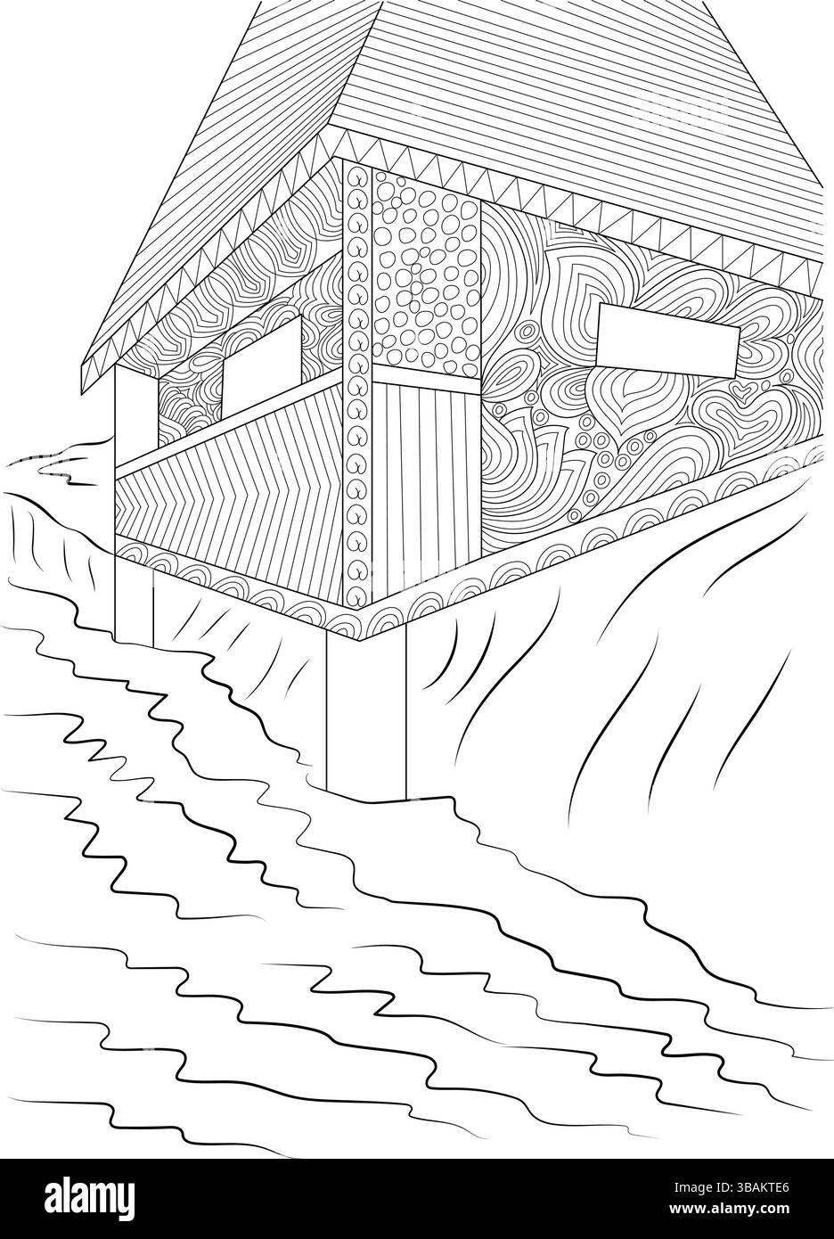 Black and white line drawing of a stylized house featuring intricate ...