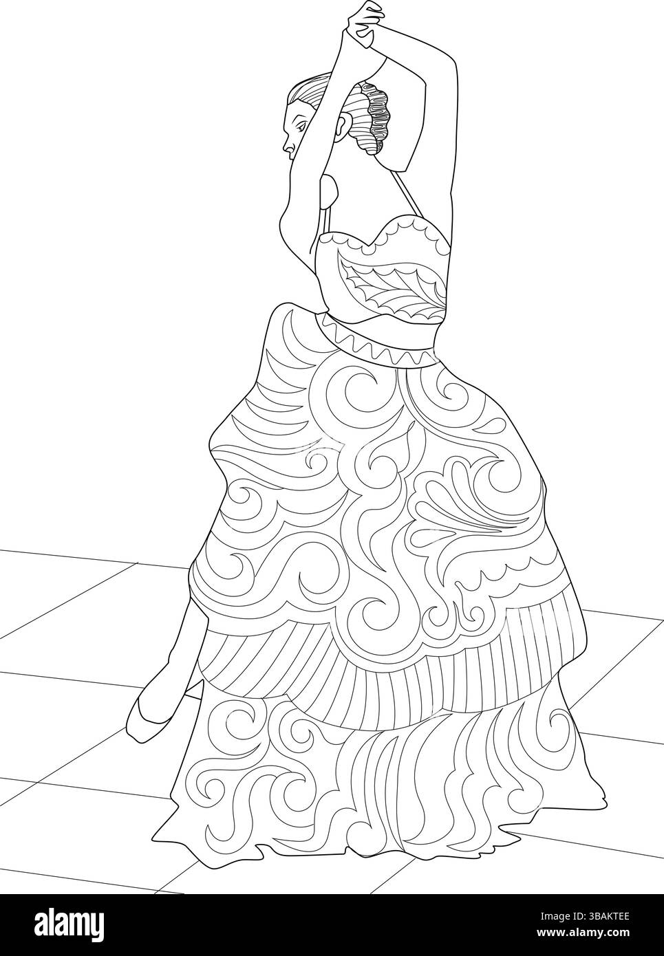 Black and white line art illustration of an elegant dancer in a ...