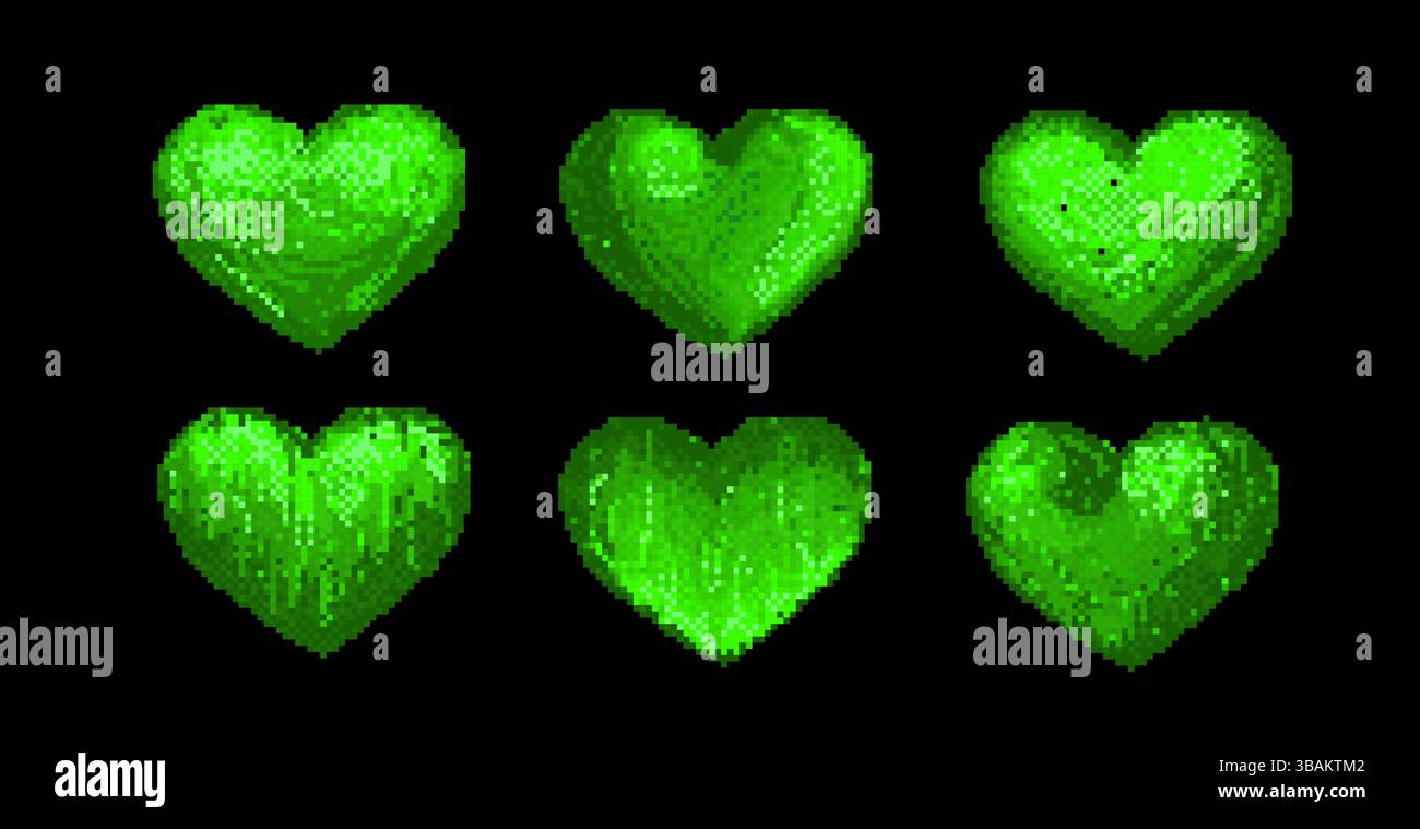 Green pixelated hearts set - retro 8 bit pixel art icons, y2k video ...