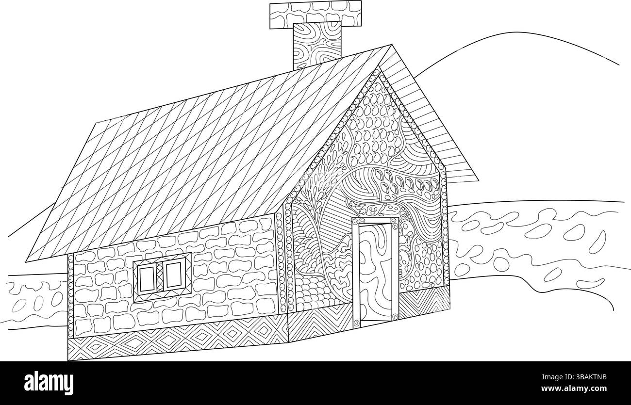 Black and white outline illustration of a charming house decorated with ...