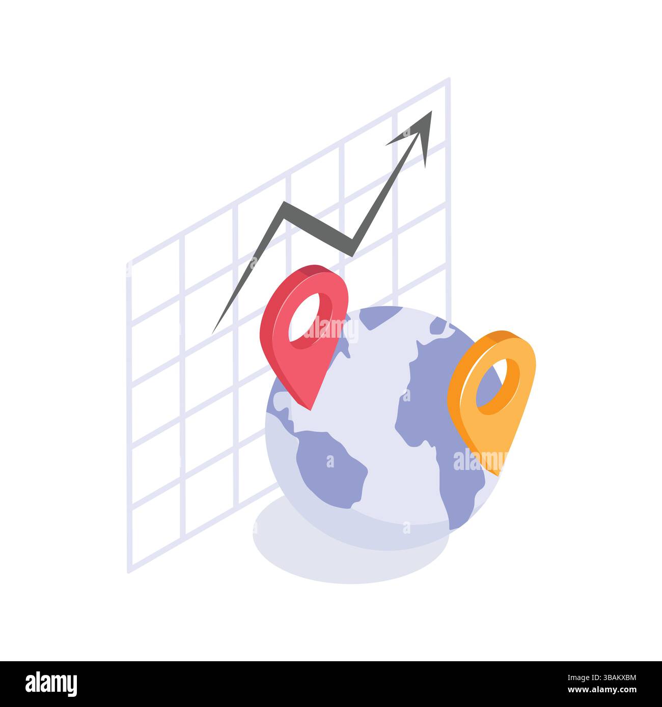 A world map with location pins and an upward trend line graph Stock ...