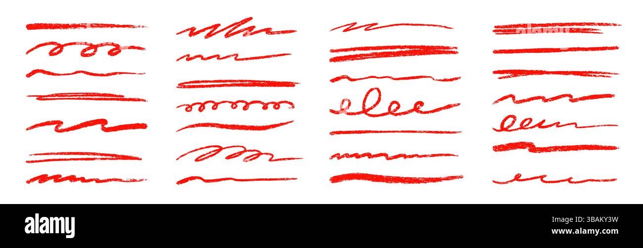 Red line underline crayon pencil brush stroke set. Handwritten ...