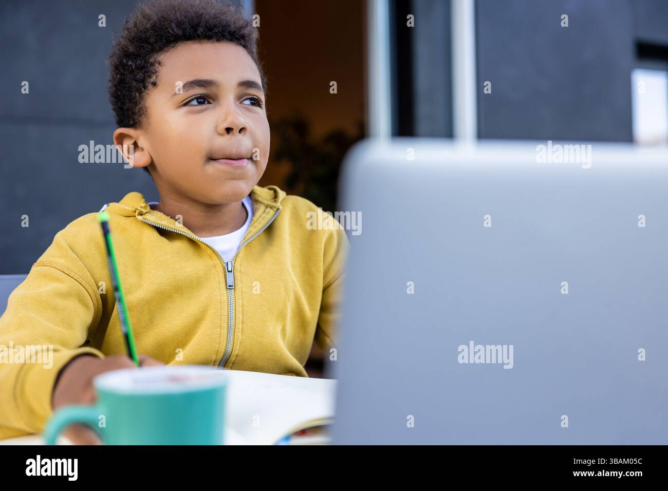 Doing lessons. African american schoolboy doing lessons and looking ...