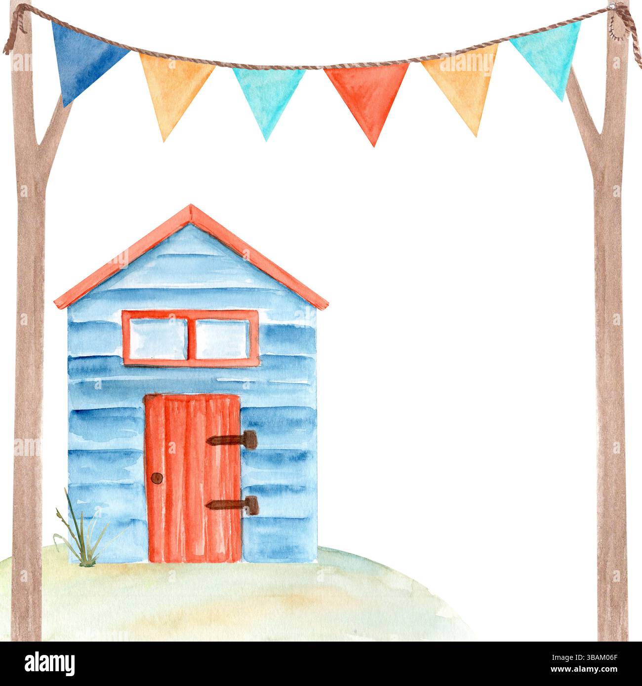 Wooden cabin, flag garland stretched between two poles on white ...