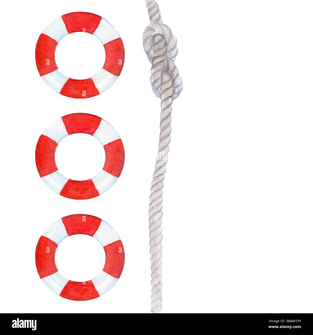 Lifebuoy, reef knot watercolor vertical frame isolated on white. Hand ...