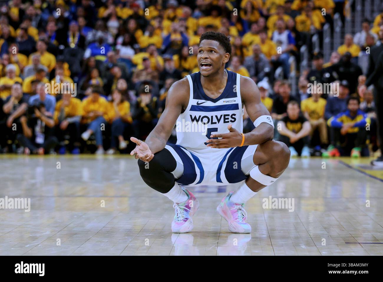 Minnesota Timberwolves guard Anthony Edwards (5) gestures to his ...