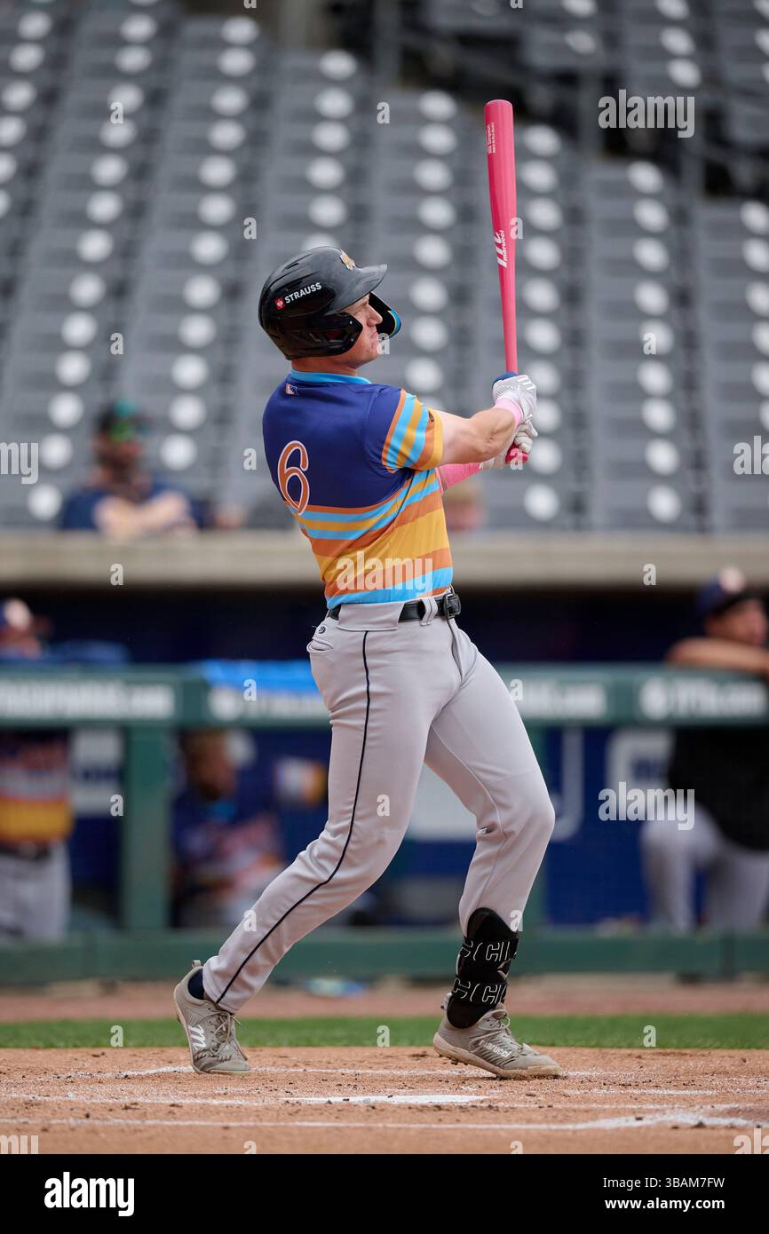 Montgomery Biscuits Will Simpson (6) hits a home run during an MiLB ...