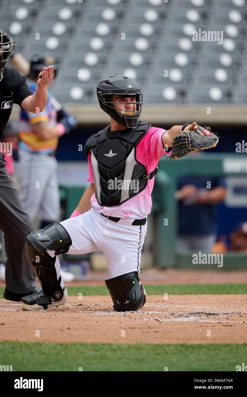 Rocket City Trash Pandas catcher Josh Crouch (3) points to the first ...