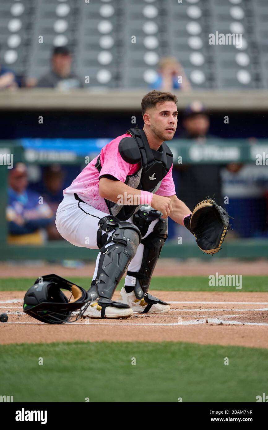 Rocket City Trash Pandas catcher Josh Crouch (3) waits for a throw on a ...