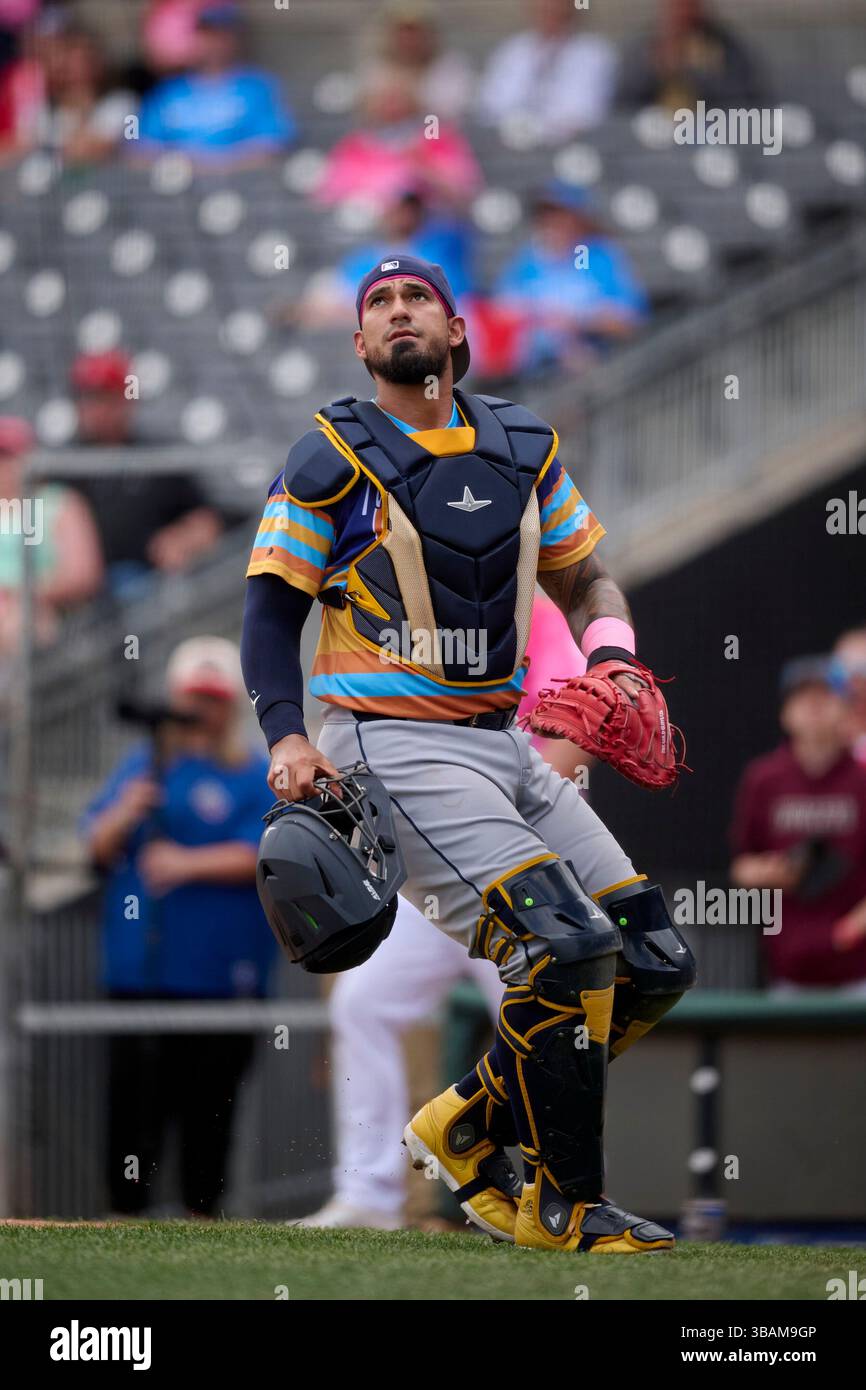 Montgomery Biscuits catcher Ricardo Genovés (39) watches a fly ball ...