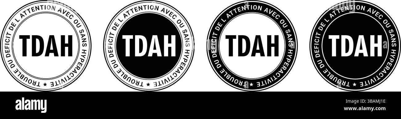 Set of circular TDAH labels in black and white, designed with bilingual ...