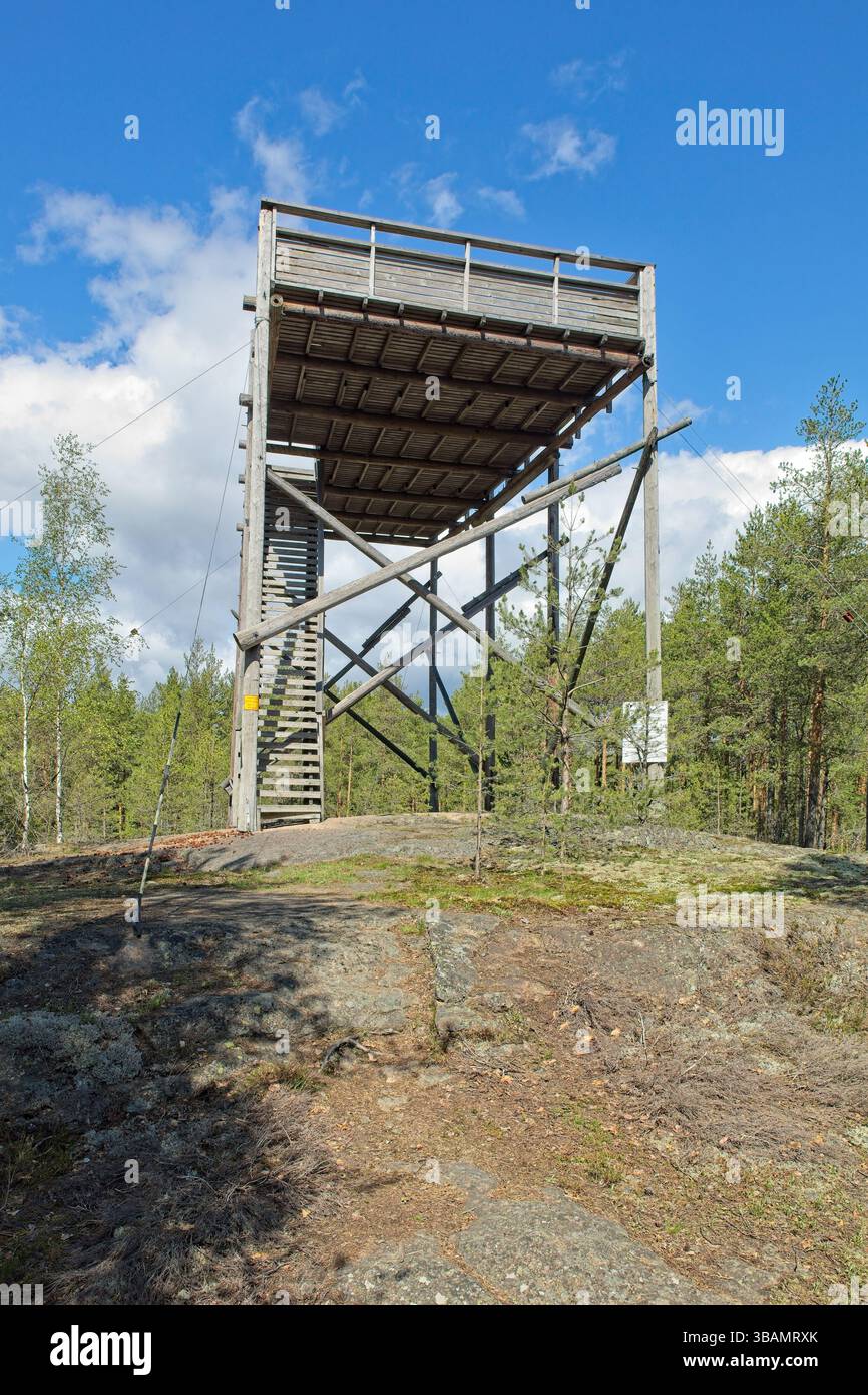 View of Kurkela wooden bird watching tower, built in 1999, is designed ...