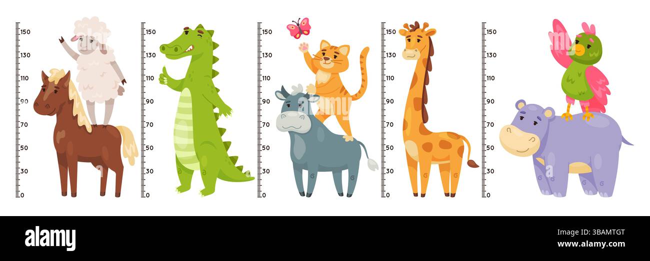 Kids growth rulers. Funny animals pyramids, measuring child height ...