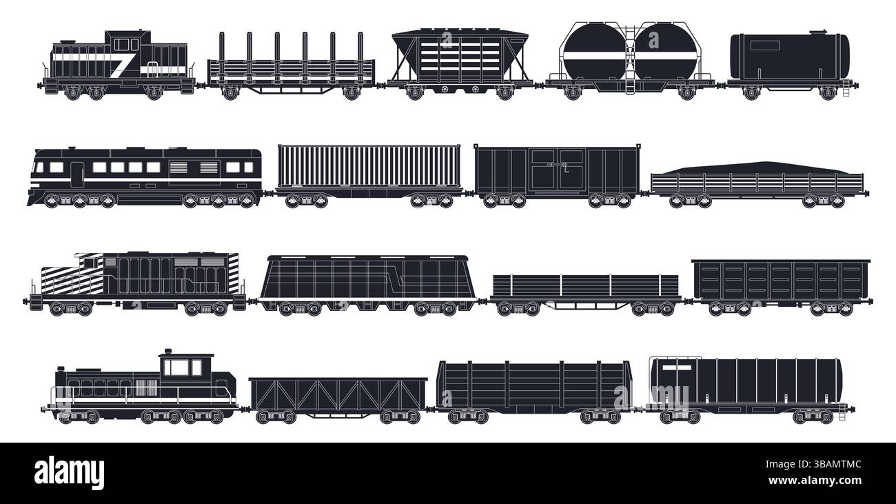 Goods trains icons. Black silhouettes locomotives, wagons, cisterns ...