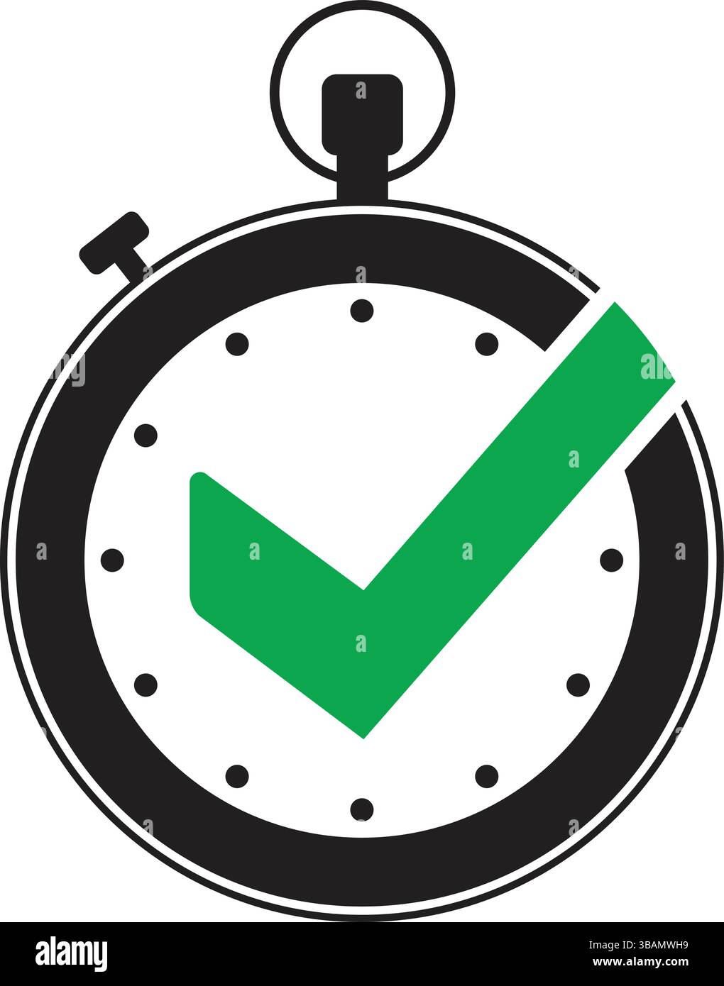 Stopwatch icon with bold green check mark symbolizing time tracking, deadline success and task ...