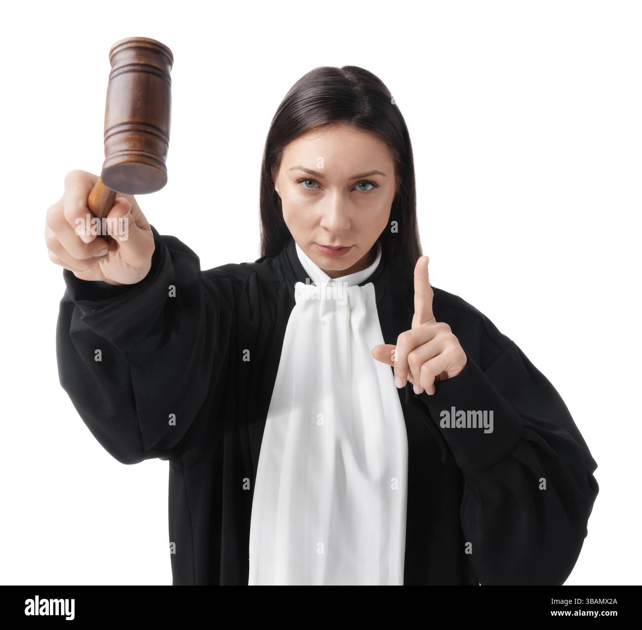 Portrait of judge with mallet on white background Stock Photo - Alamy