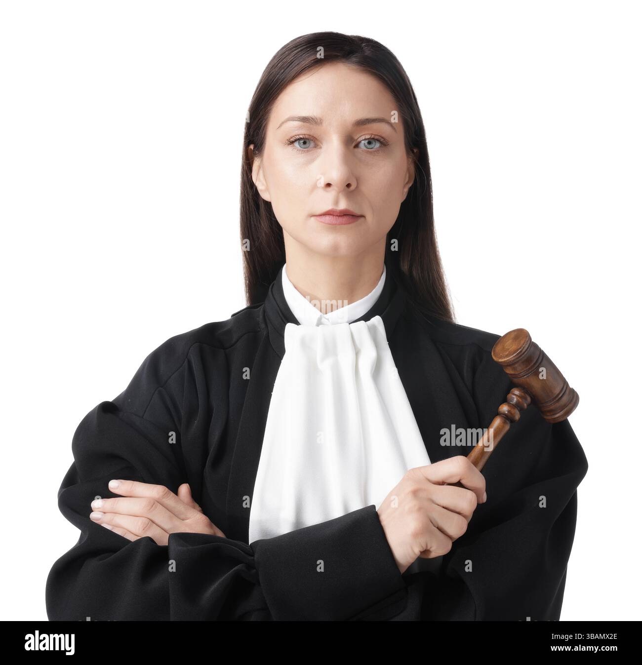 Portrait of judge with mallet on white background Stock Photo - Alamy