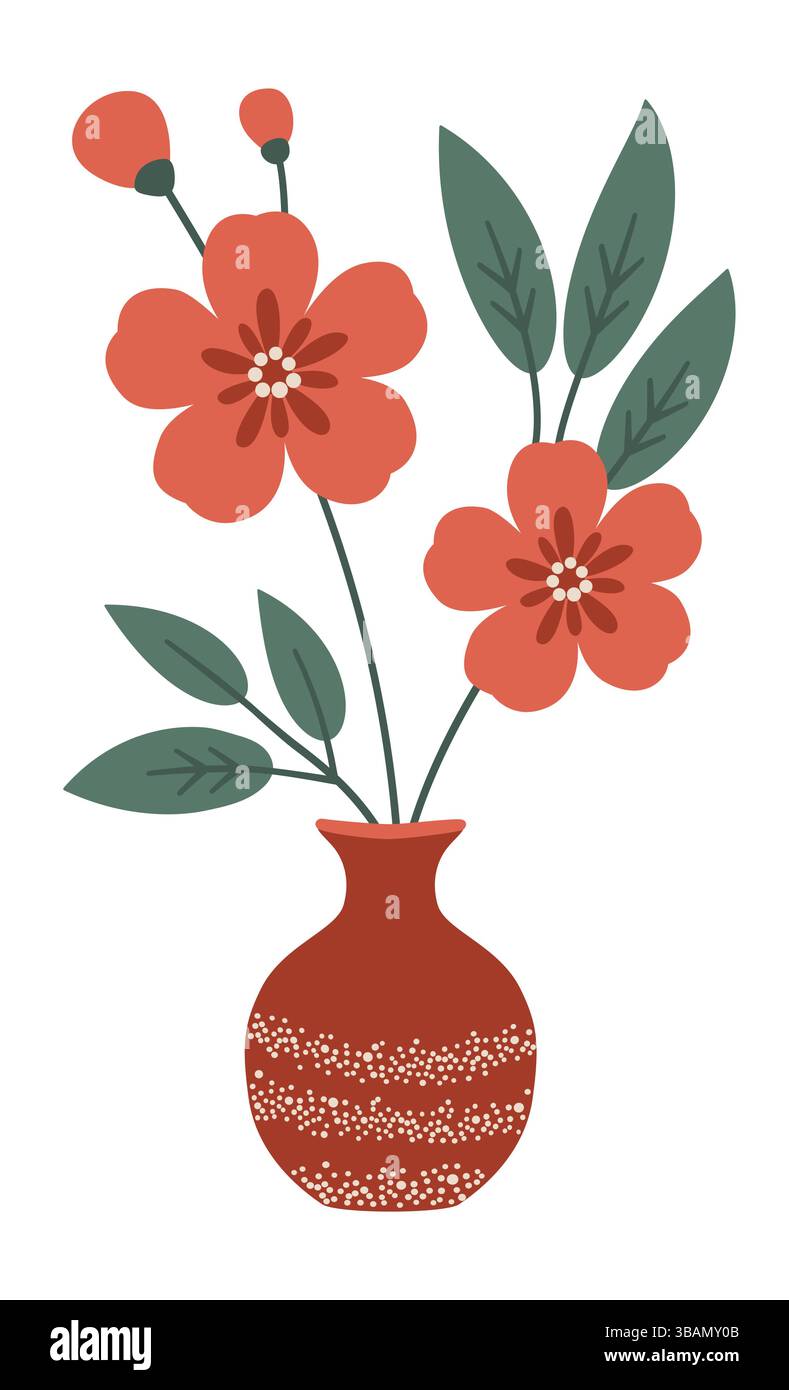 Bright spring blooming flowers in vases. Cartoon flat vector ...