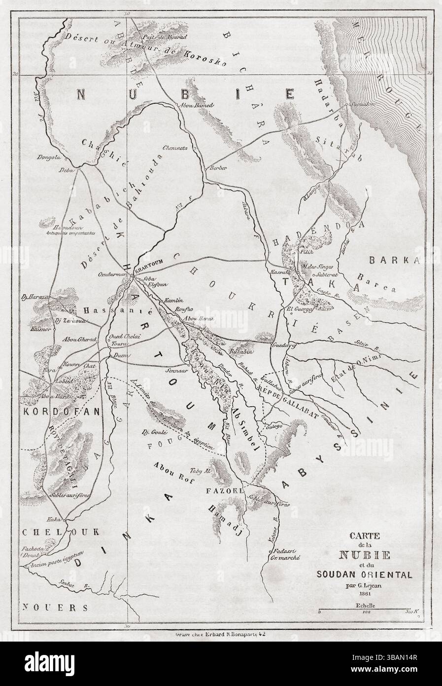 Map of Nubia and Eastern Sudan, Africa, 1861. From Voyage of G. Lejean ...