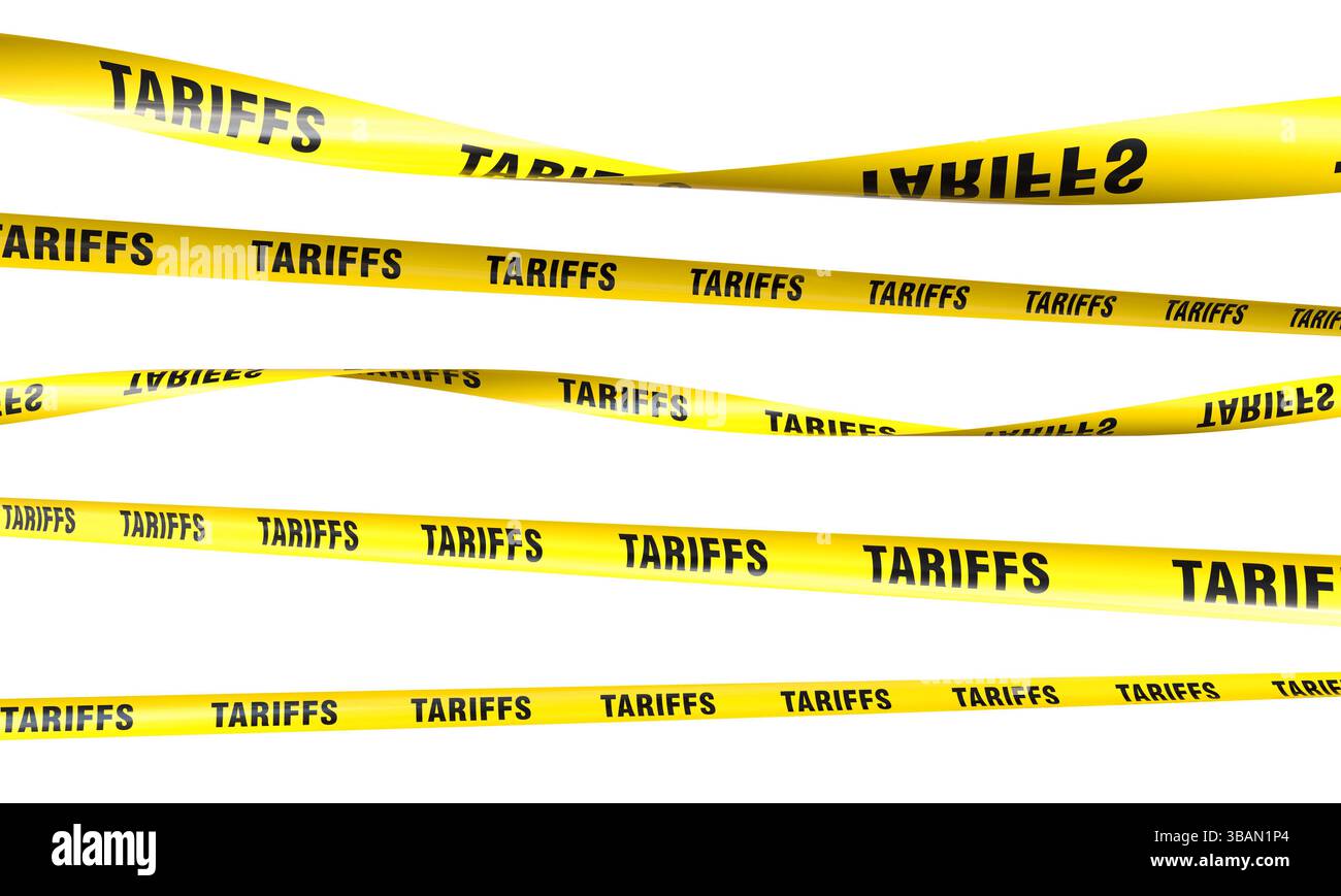 Yellow tariffs barrier tape blocking access on transparent background ...