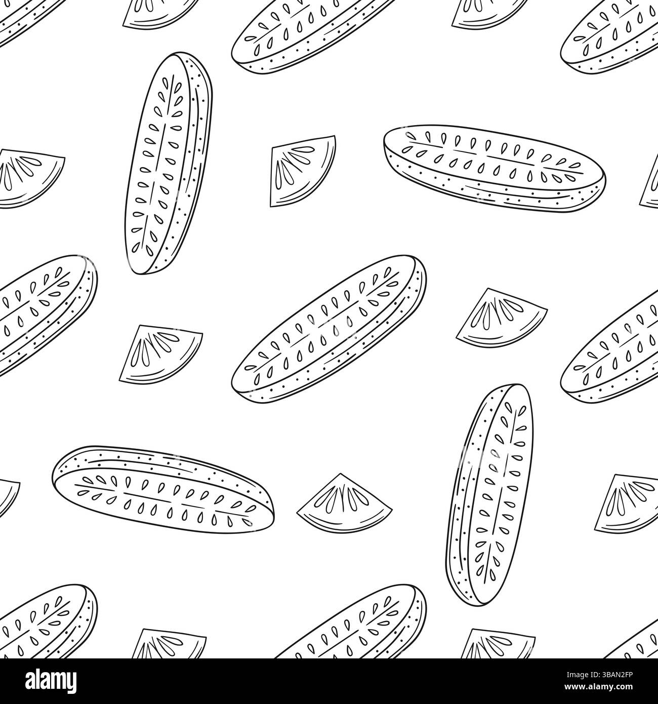 Cucumber. Monochrome vegetable pattern in hand draw style. Pattern for ...