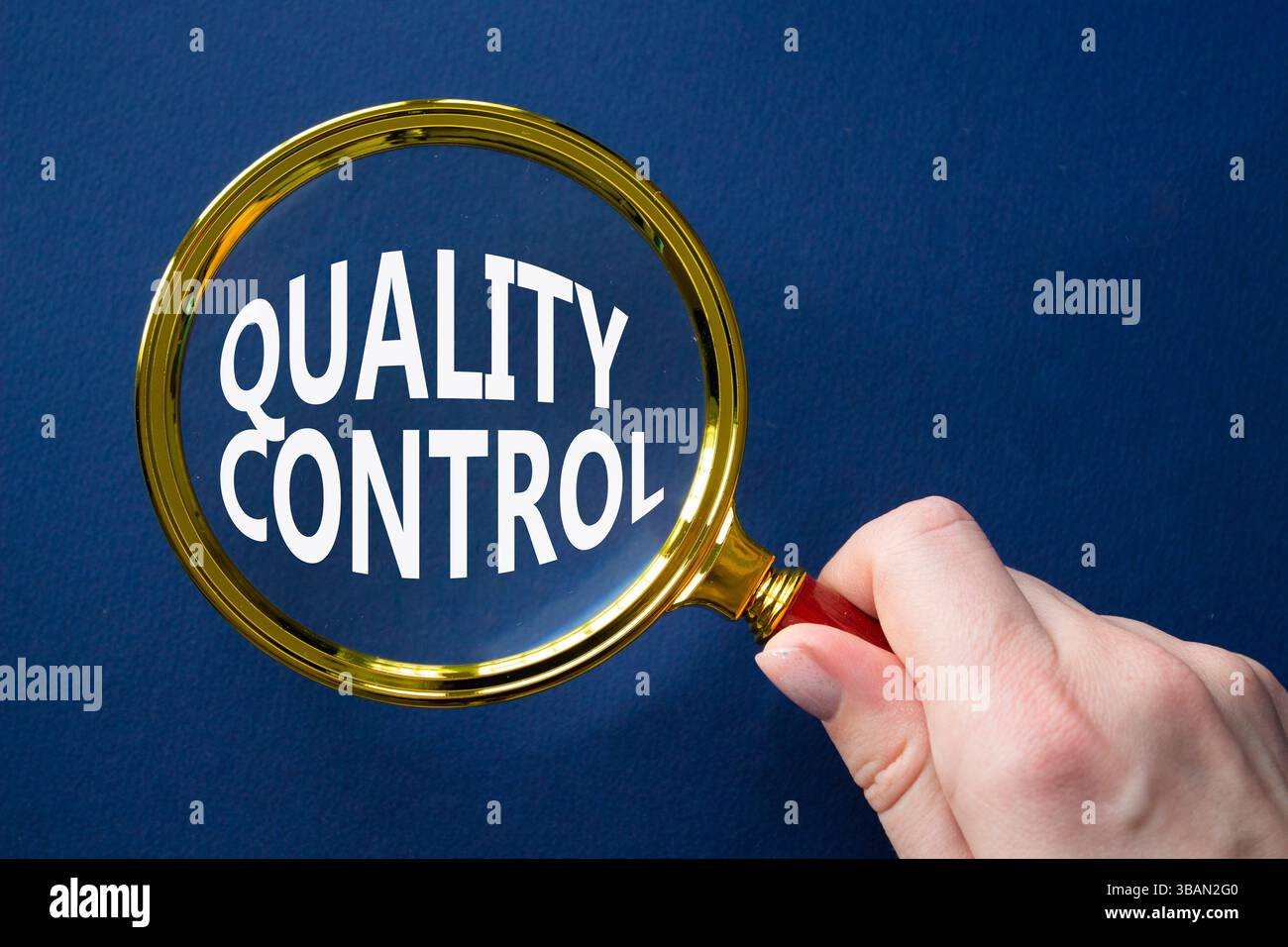 Quality Control symbol. Magnifying glass with words Quality Control ...