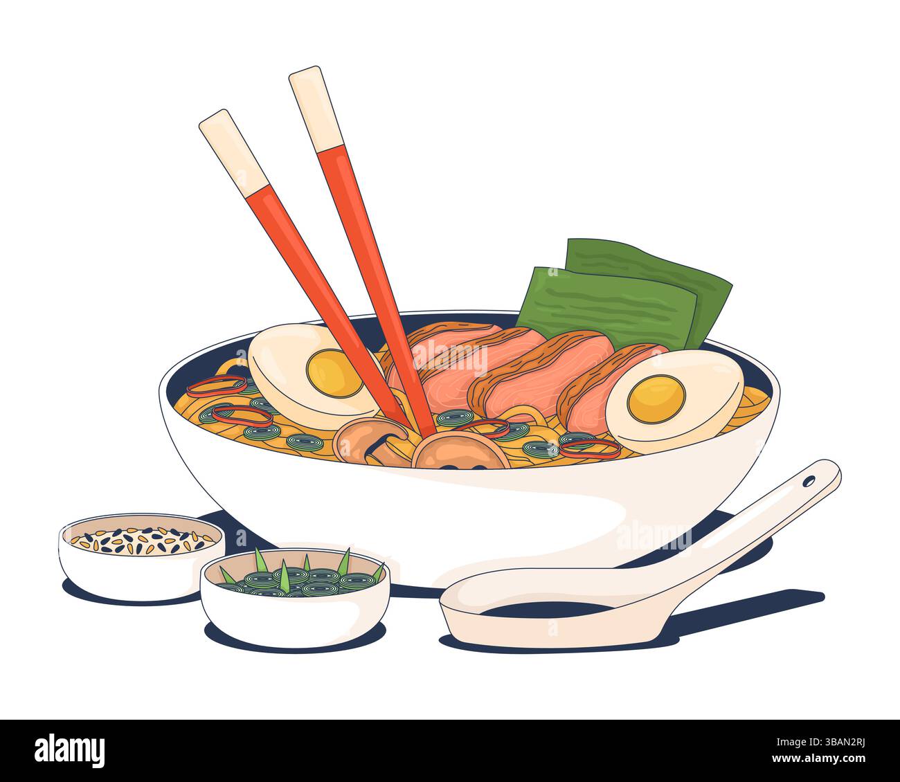 Japanese tonkotsu ramen bowl with boiled egg and pork 2D vector illustration Stock Vector Image ...