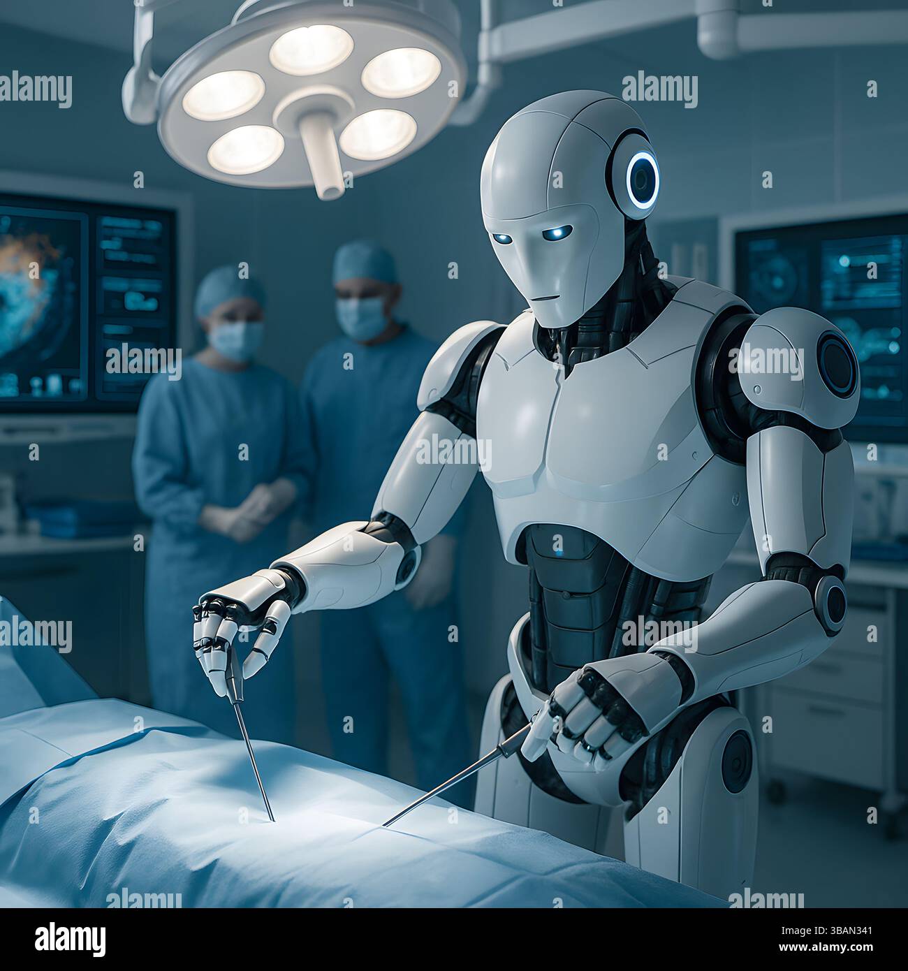 A humanoid surgical robot operates on a patient in a sterile futuristic ...