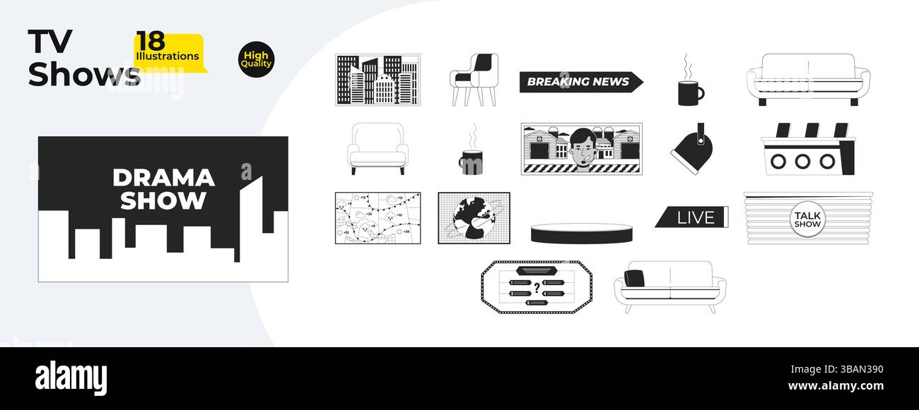 TV shows and broadcast elements outline illustrations mega bundle Stock ...