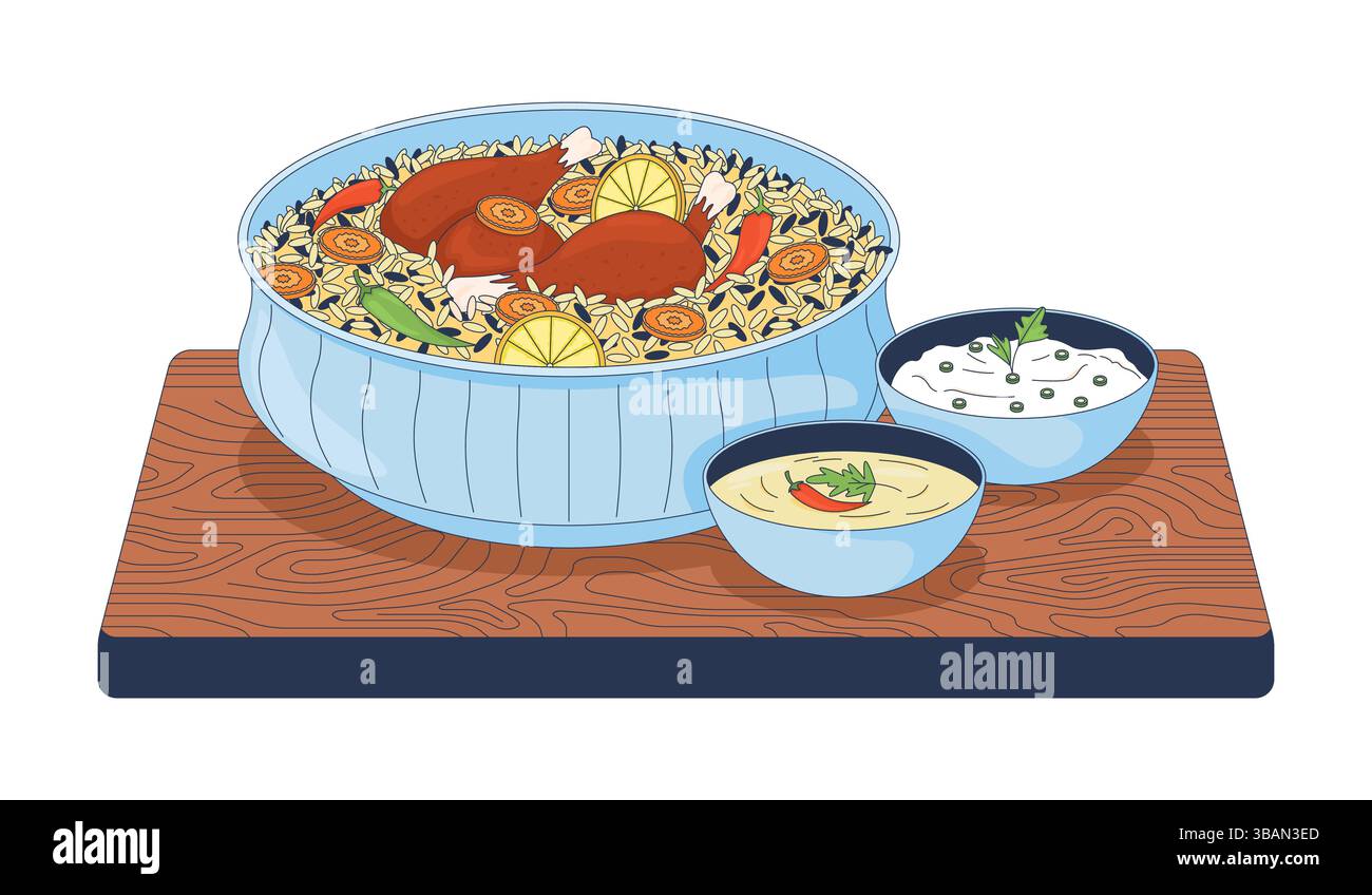 Chicken biryani with raita and shorba 2D vector illustration Stock ...