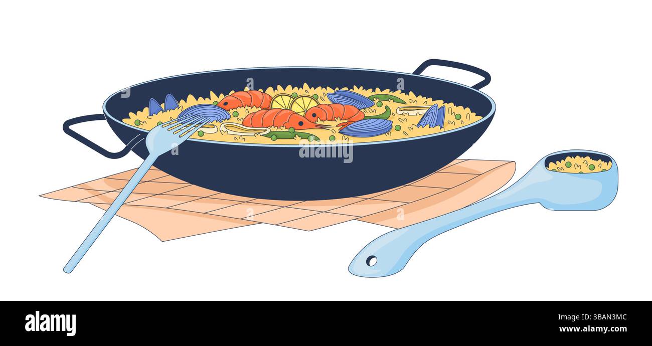 Seafood paella in pan with spoon and fork 2D vector illustration Stock ...