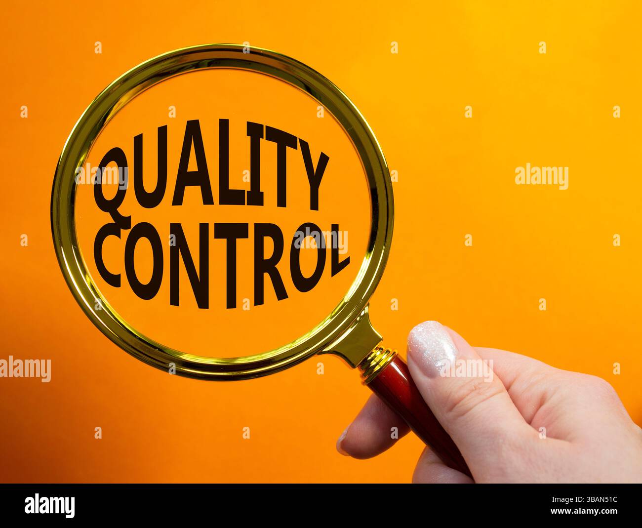 Quality Control symbol. Magnifying glass with words Quality Control ...
