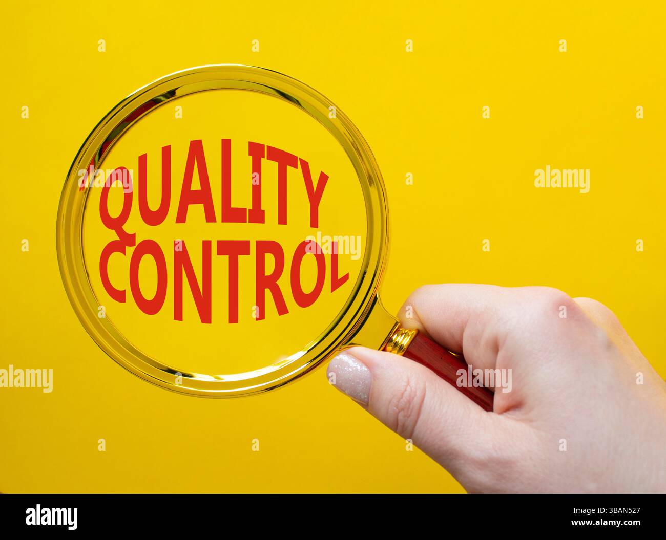 Quality Control symbol. Magnifying glass with words Quality Control ...