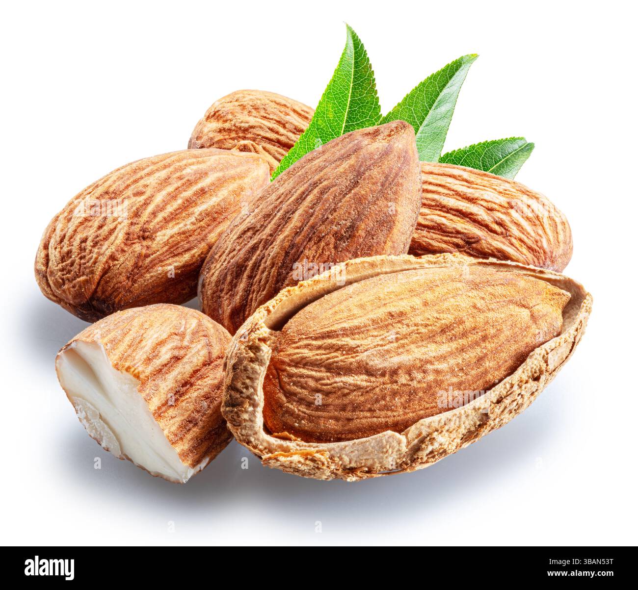 Pile of almond nuts, cracked nuts and almond in shell isolated on white ...
