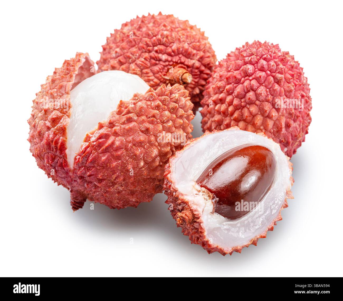 Lychee fruits and lychee peeled in half isolated on white background ...