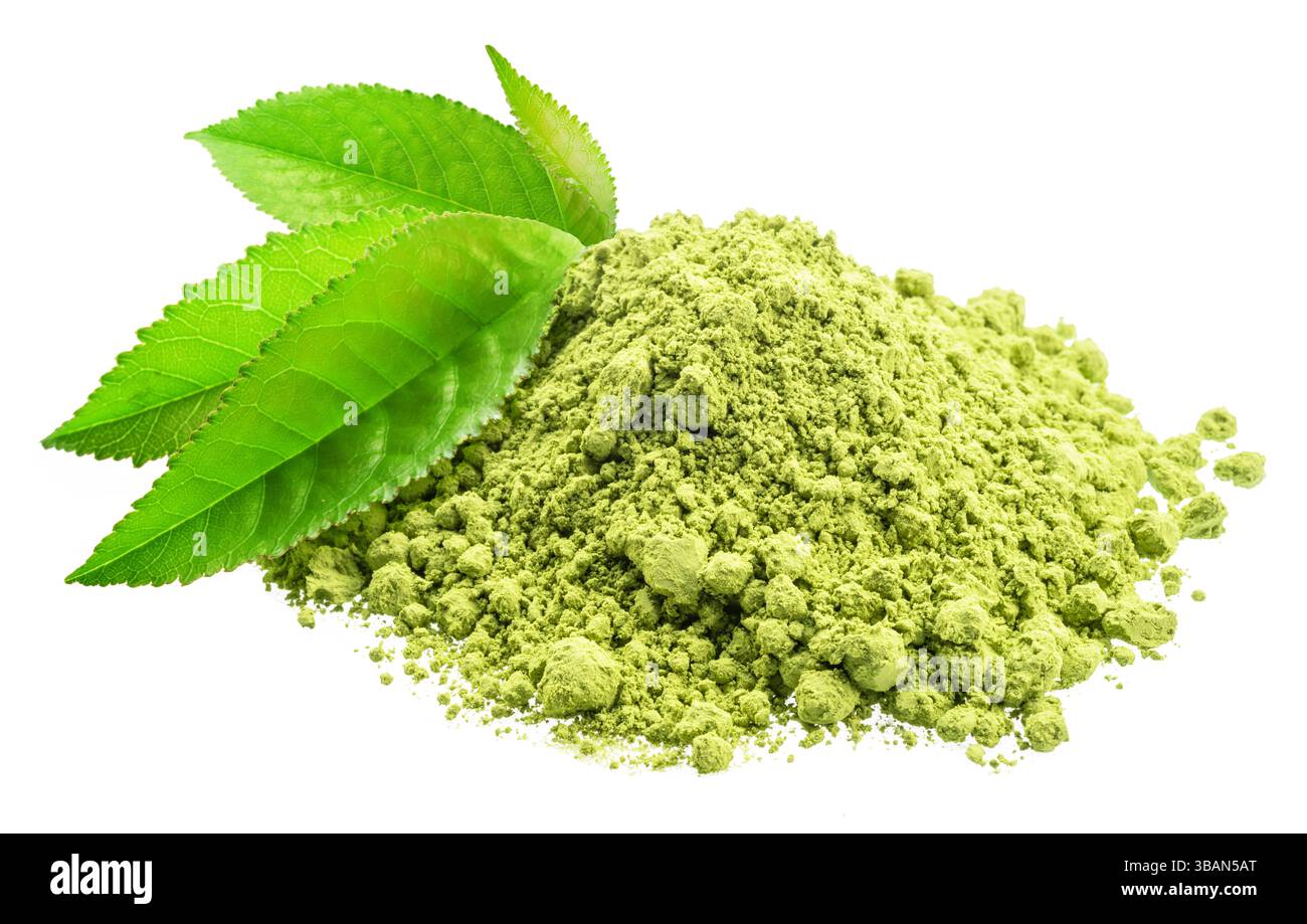 Matcha tea, finely ground powder and green tea leaves on white ...