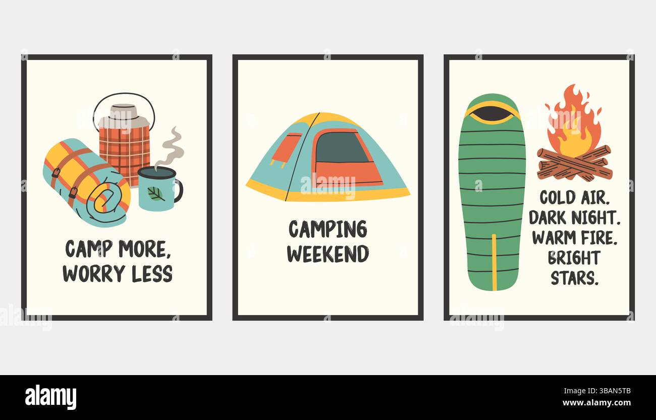 Vertical simple camping poster set. Summer outdoor activity brochure ...