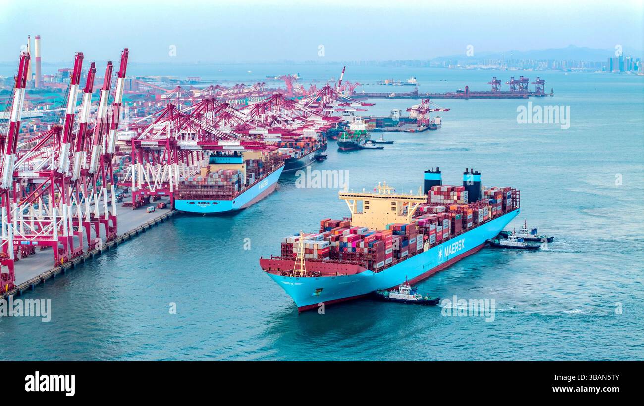 Aerial photo shows the Qianwan Container Terminal in Qingdao City, east ...