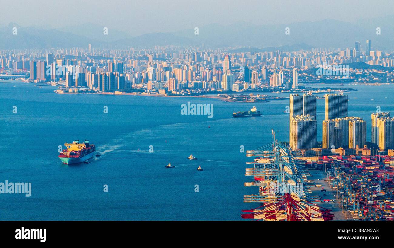 Aerial photo shows the Qianwan Container Terminal in Qingdao City, east ...