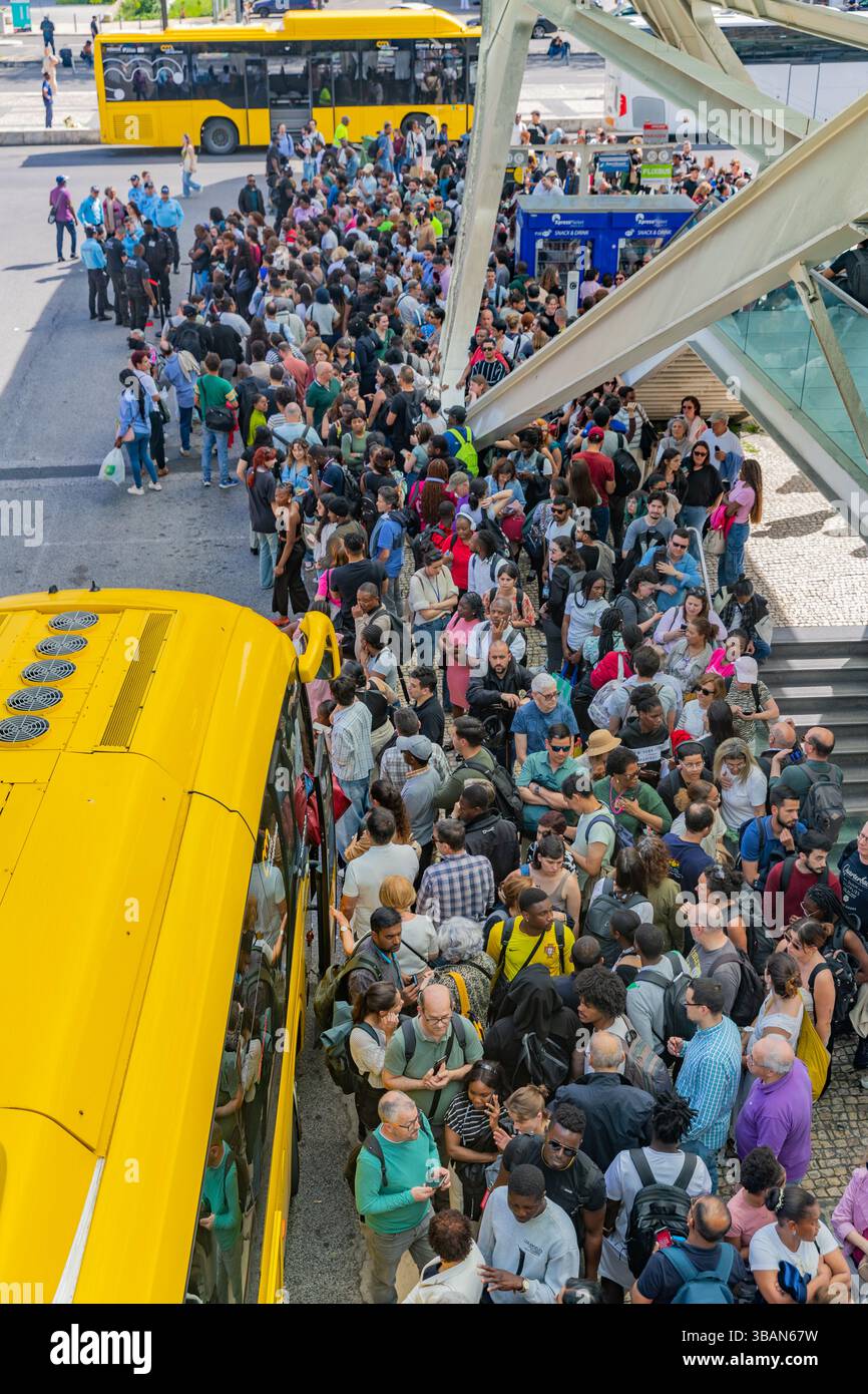 Lisbon, Portugal: April 28, 2025: Crowded bus stop during the Iberian ...