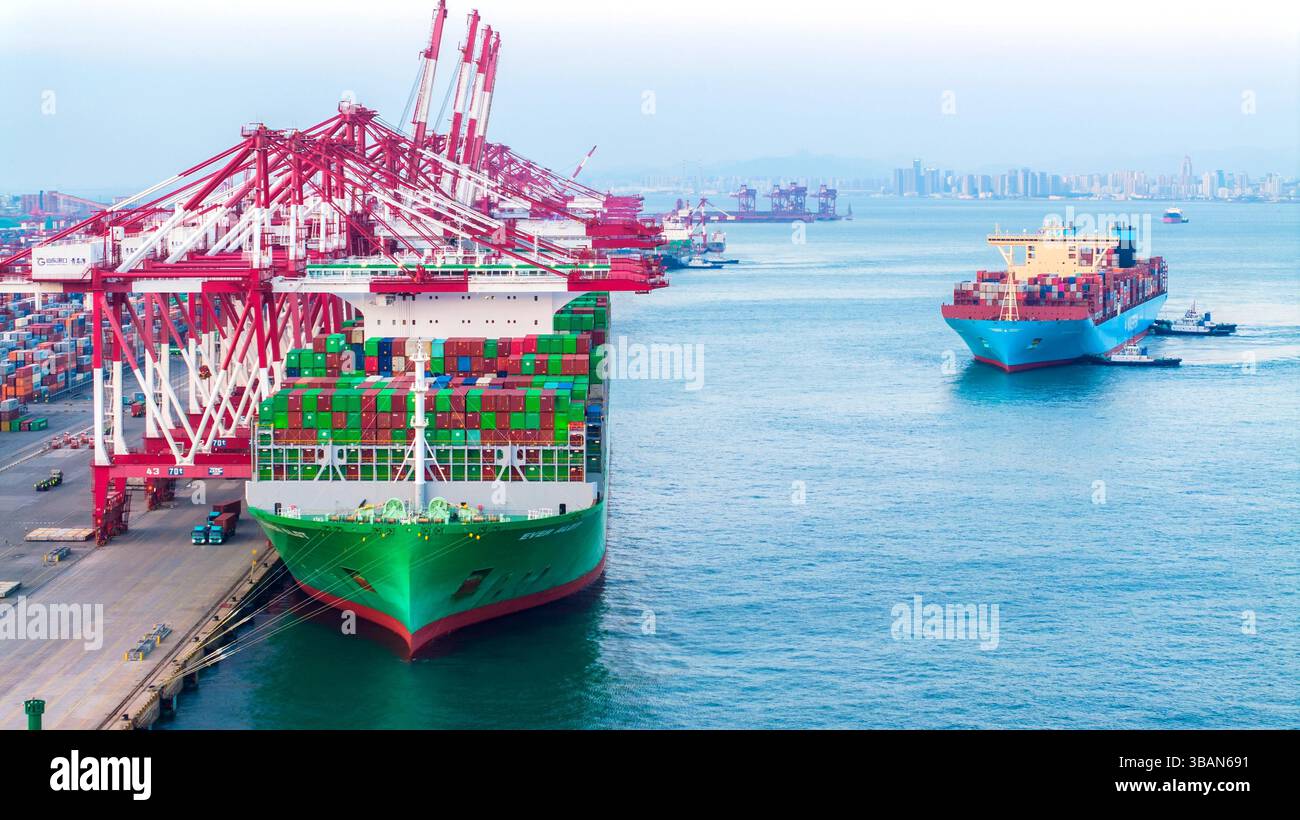 Aerial photo shows the Qianwan Container Terminal in Qingdao City, east ...