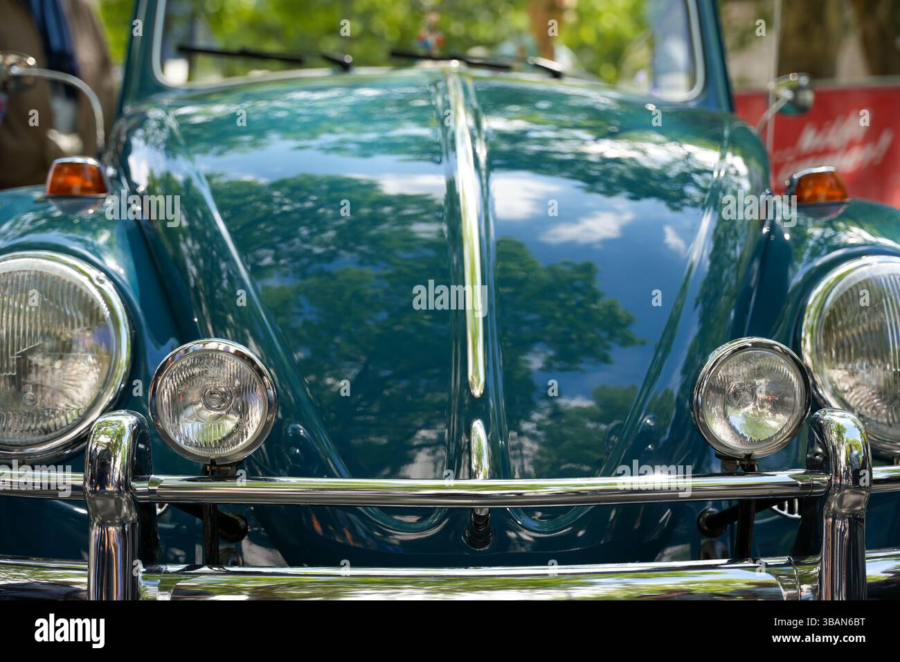 Germany Berlin May 11, 2025. Front view of blue vintage VW Beetle with ...