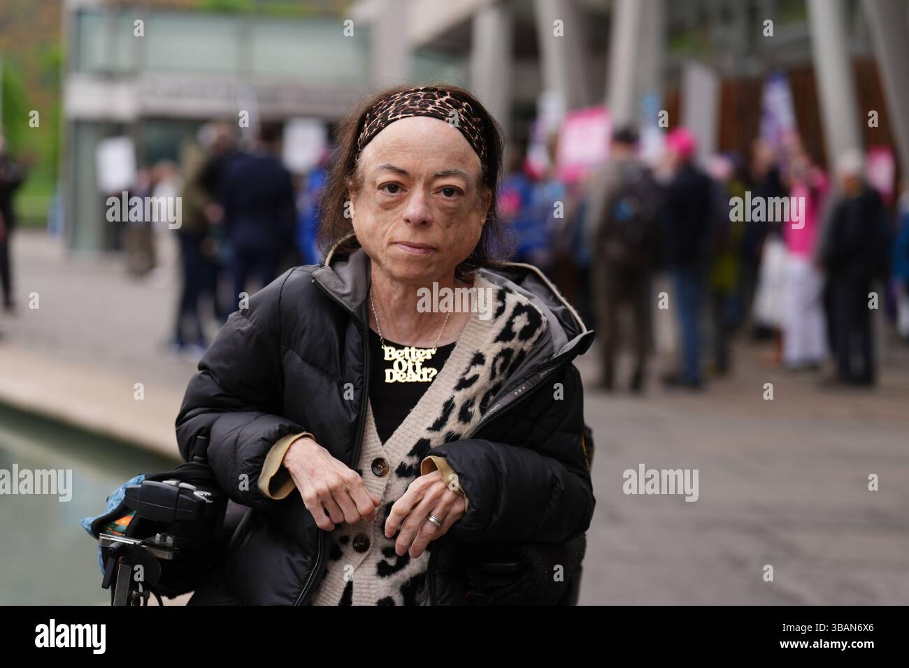 Actress Liz Herr speaks to the media outside the Scottish Parliament in ...