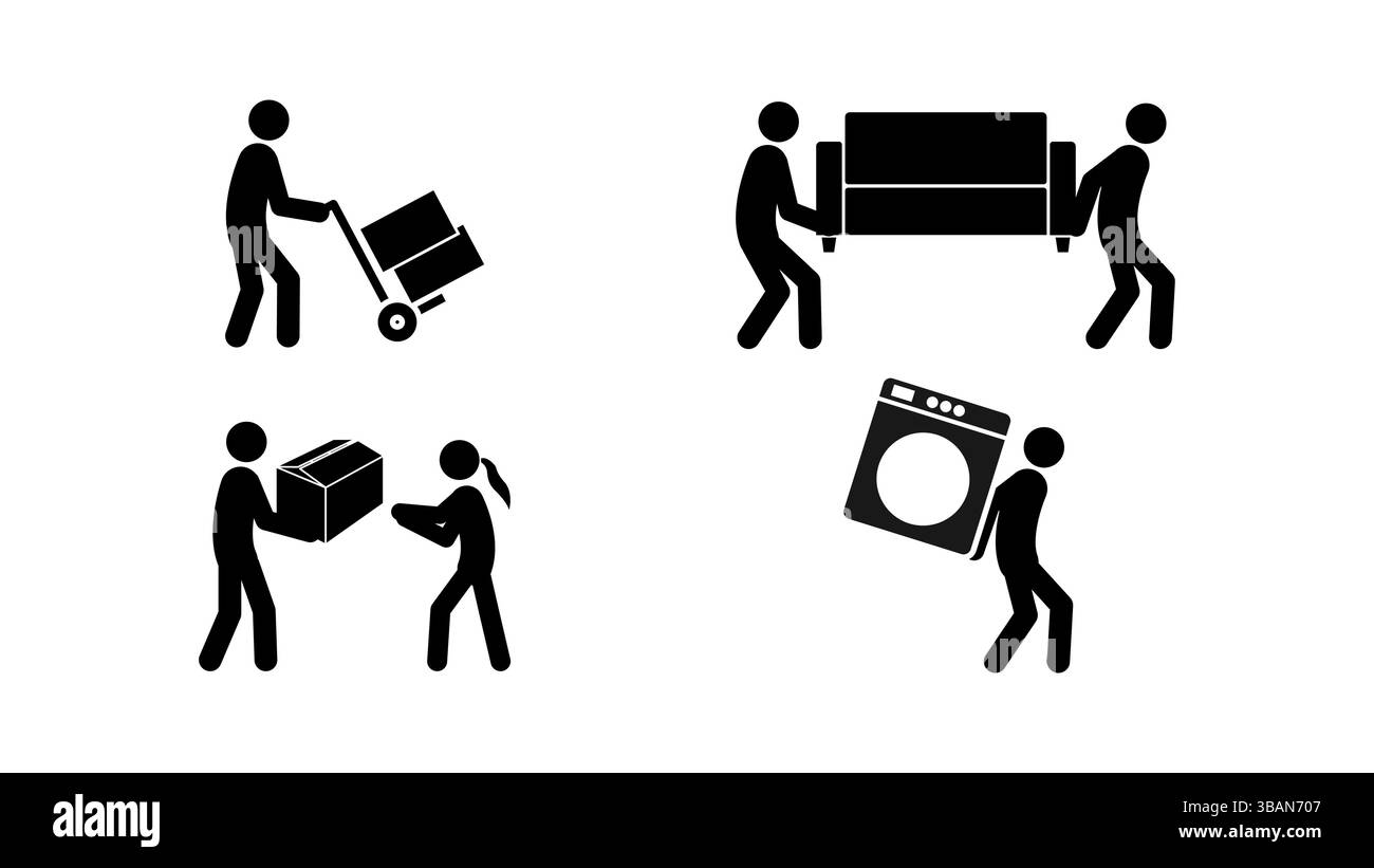 Set of stick figures, professional movers and parcel delivery, flat ...