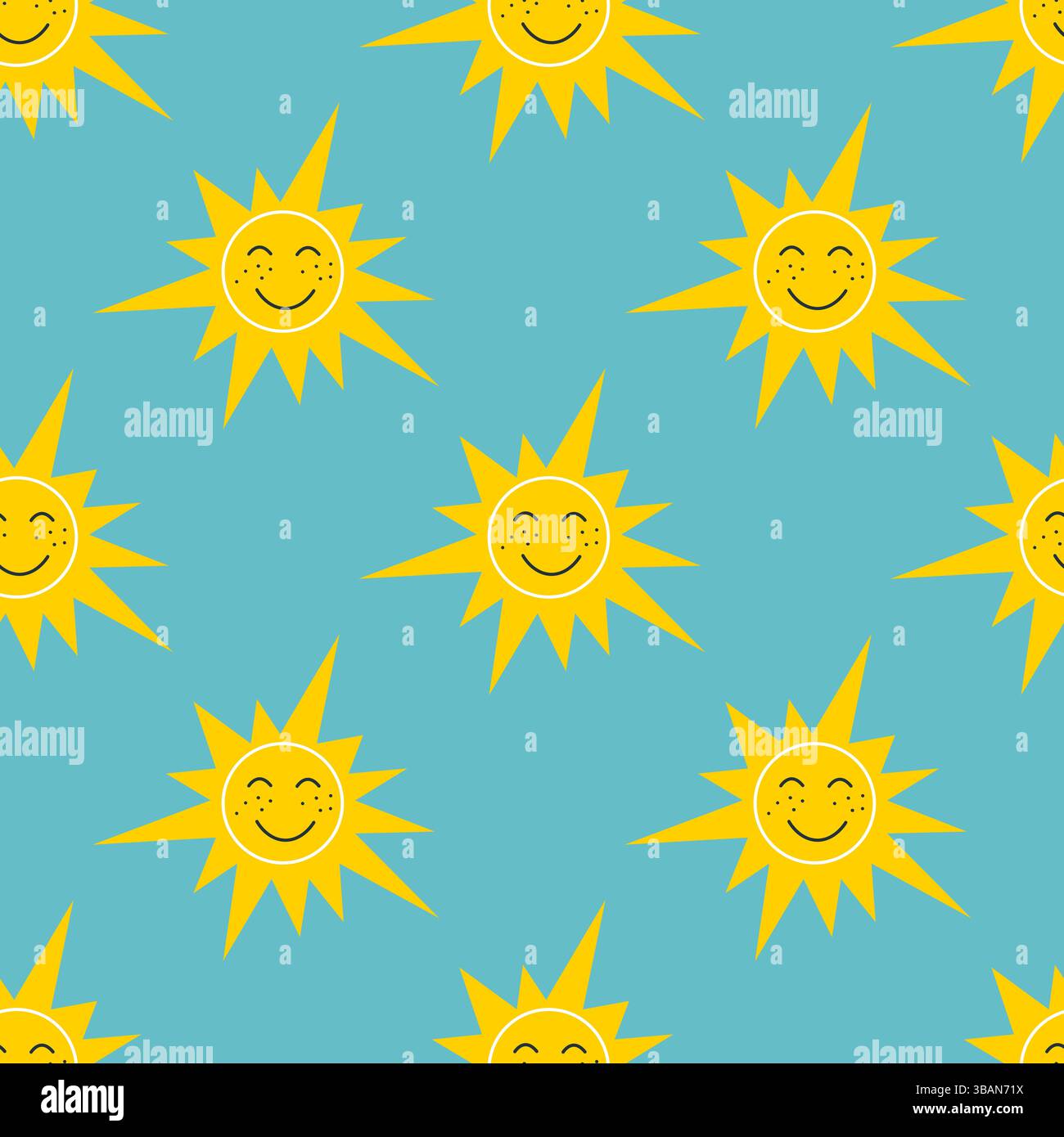 Bright sun smiling against the blue sky. Seamless pattern with shining ...